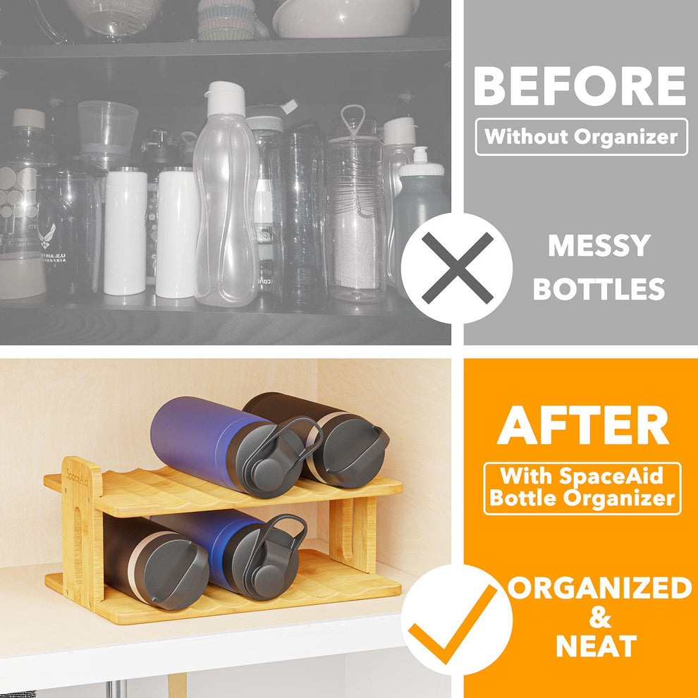 SpaceAid Bamboo Water Bottle Storage Organizer with Labels, (2-Tier, H