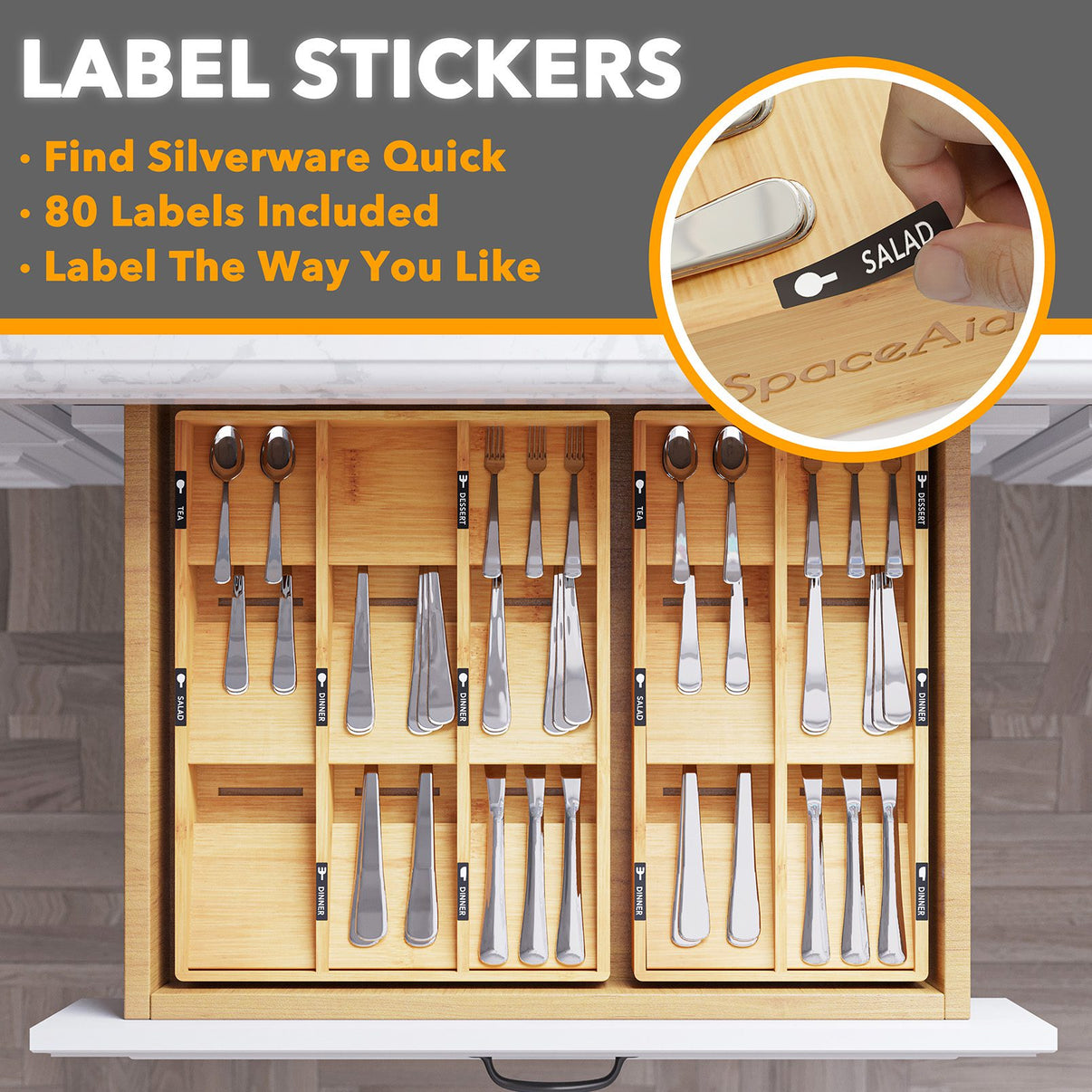 SpaceAid Bamboo Silverware Drawer Organizer with Labels (Natural, 6 Sl