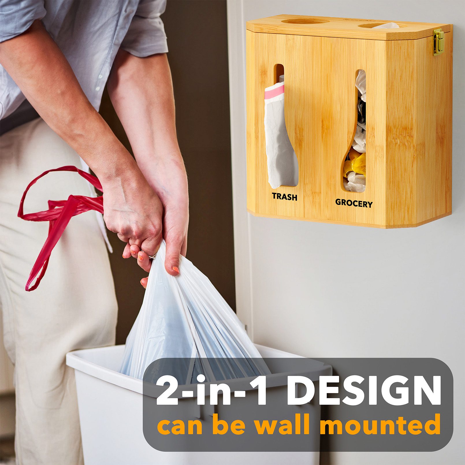 SpaceAid 2 in 1 Bamboo Trash Bag Dispenser & Grocery Bag Holder, Natur